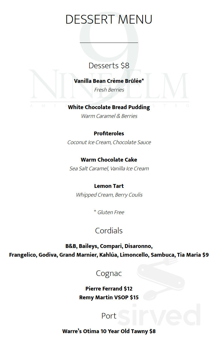 Menu for 9 Elm American Bistro in Danvers, MA | Sirved
