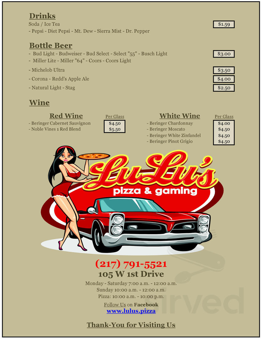 Lu Lu's Pizza menus in Bloomington, Illinois, United States
