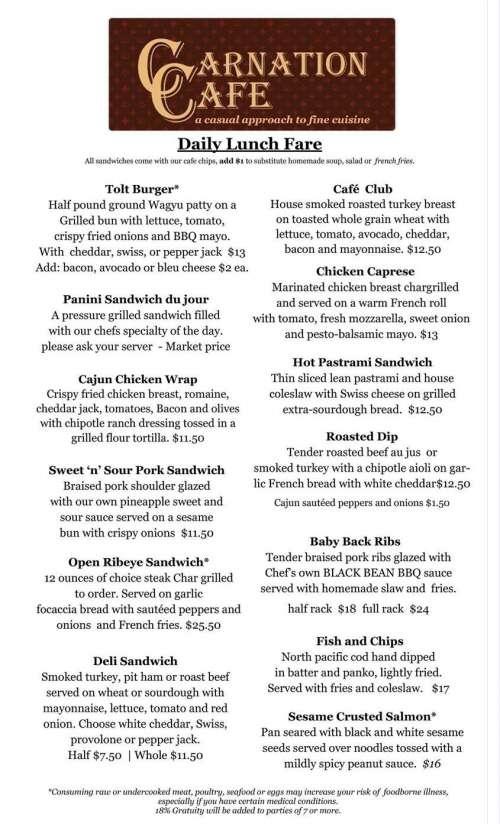 Carnation Cafe & Lounge menu in Carnation, Washington, USA