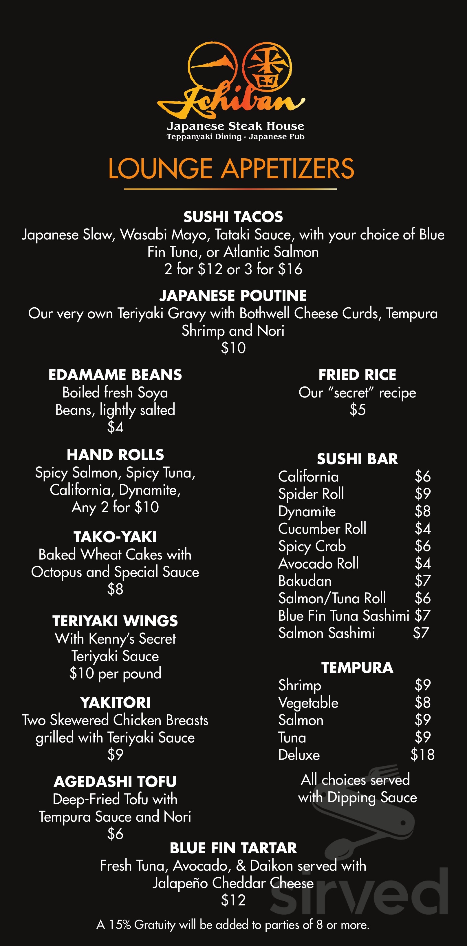 Ichiban Japanese Steakhouse & Pub menus in Winnipeg, Manitoba, Canada