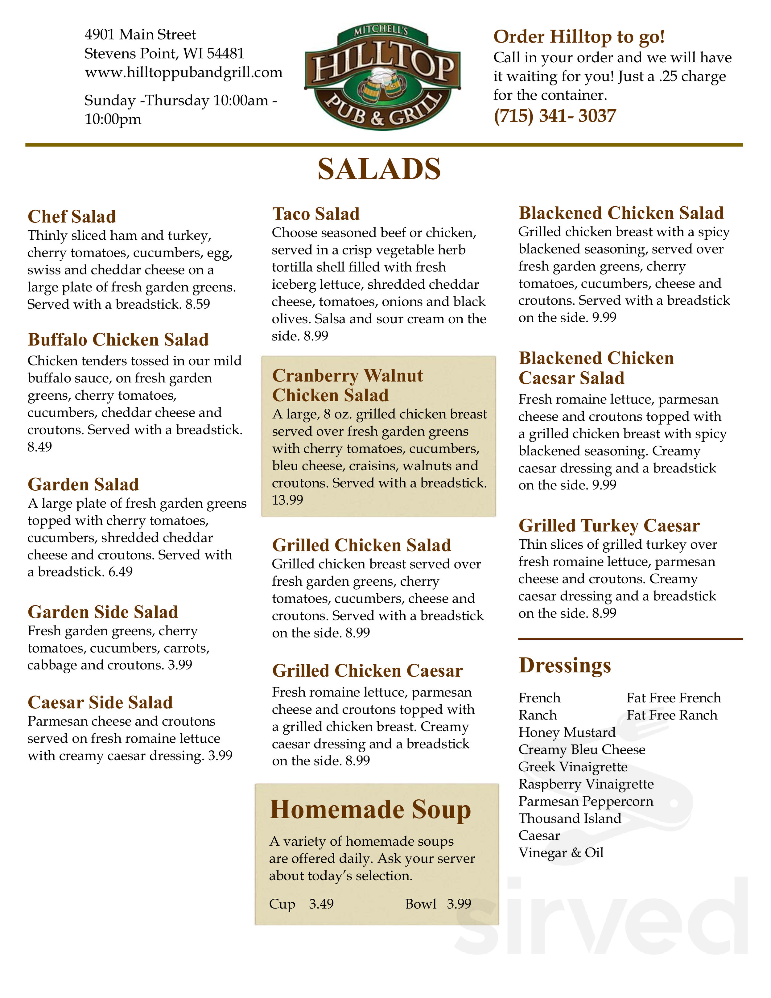 Hilltop Pub & Grill menu in Stevens Point, Wisconsin, USA