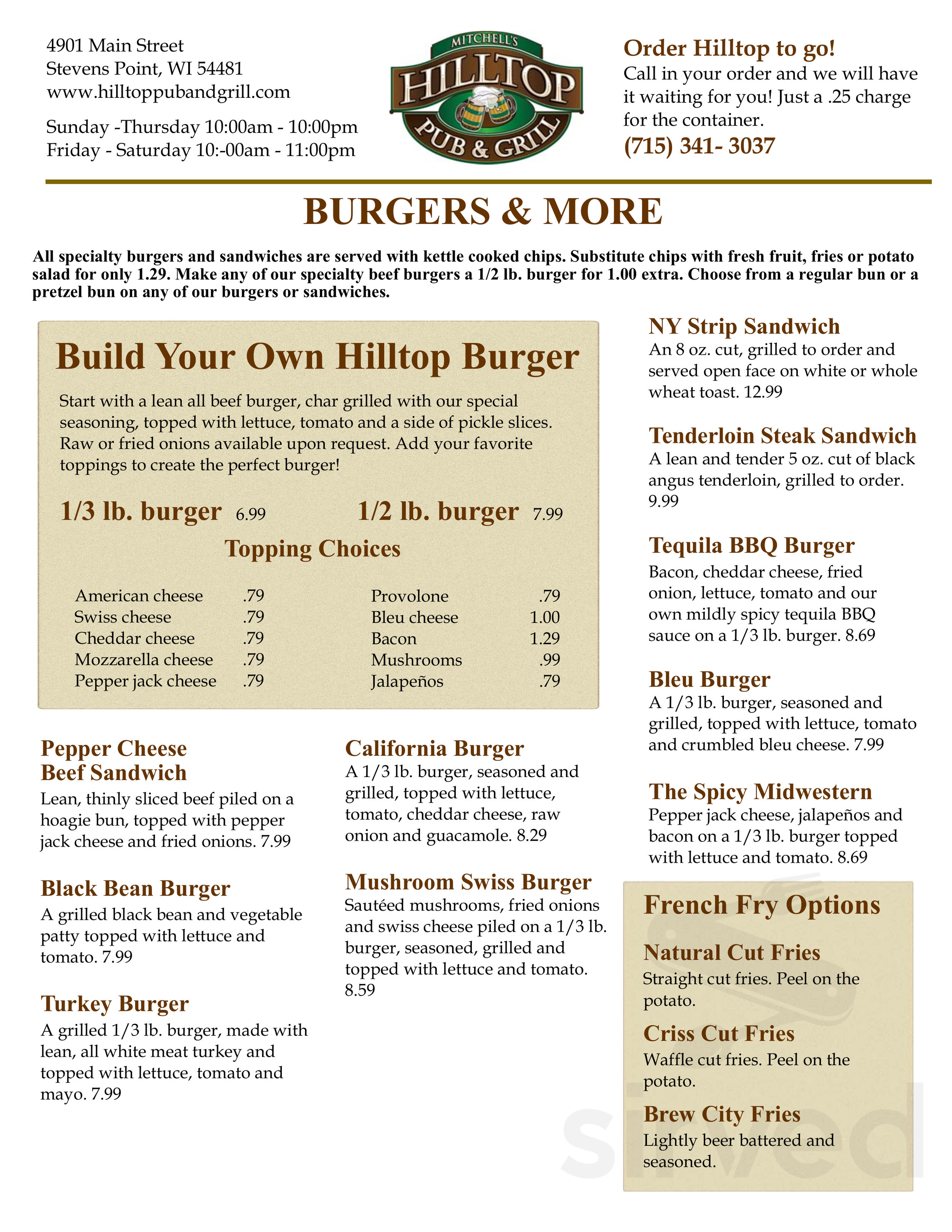 Hilltop Pub & Grill menu in Stevens Point, Wisconsin, USA