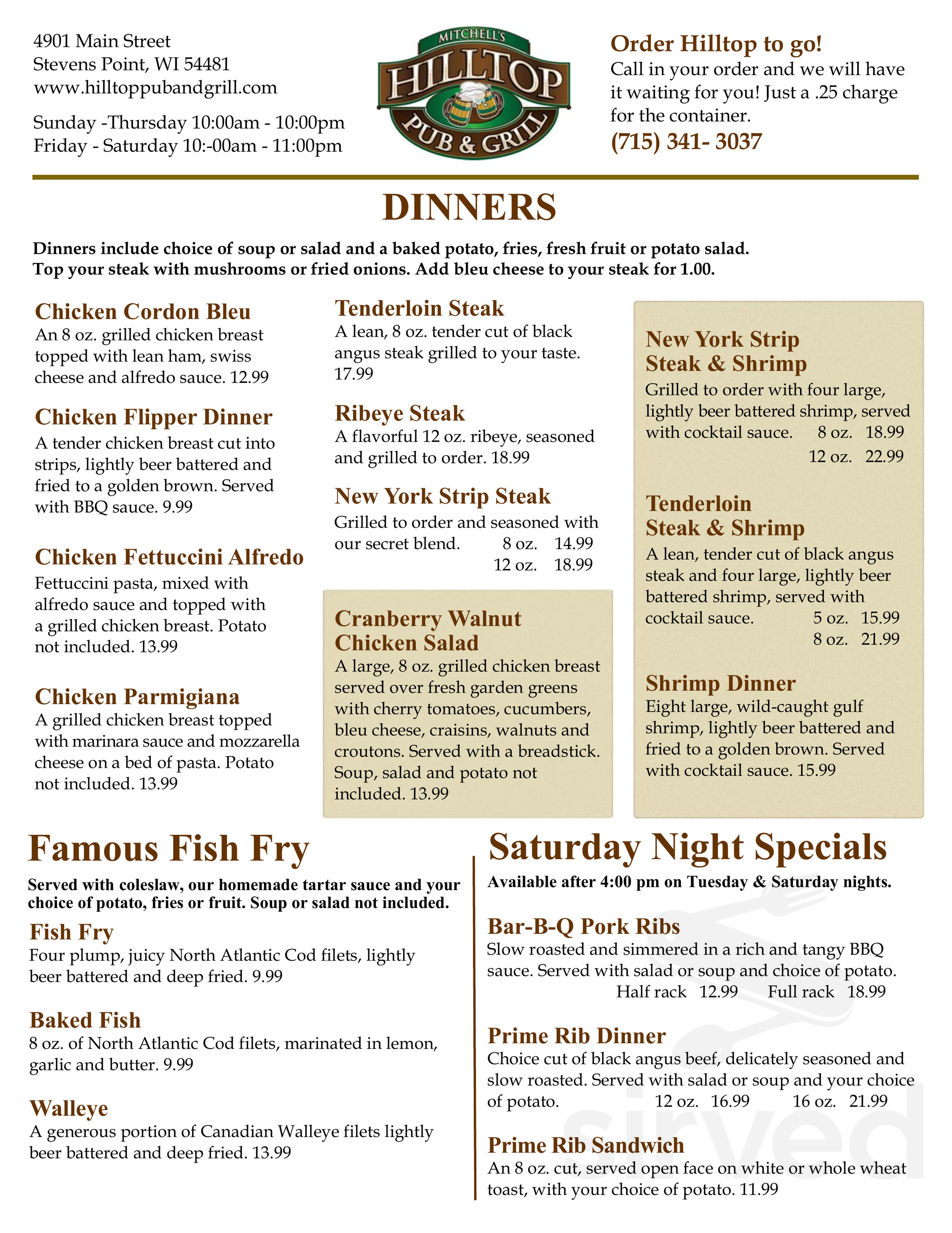 Menu - Stevens Point WI's Hilltop Pub & Grill | Sirved