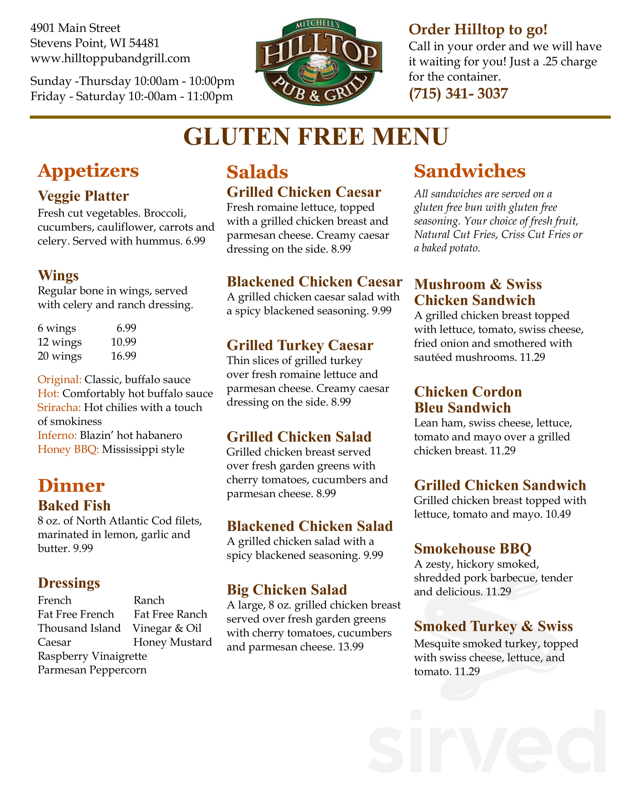 Hilltop Pub & Grill menu in Stevens Point, Wisconsin, USA