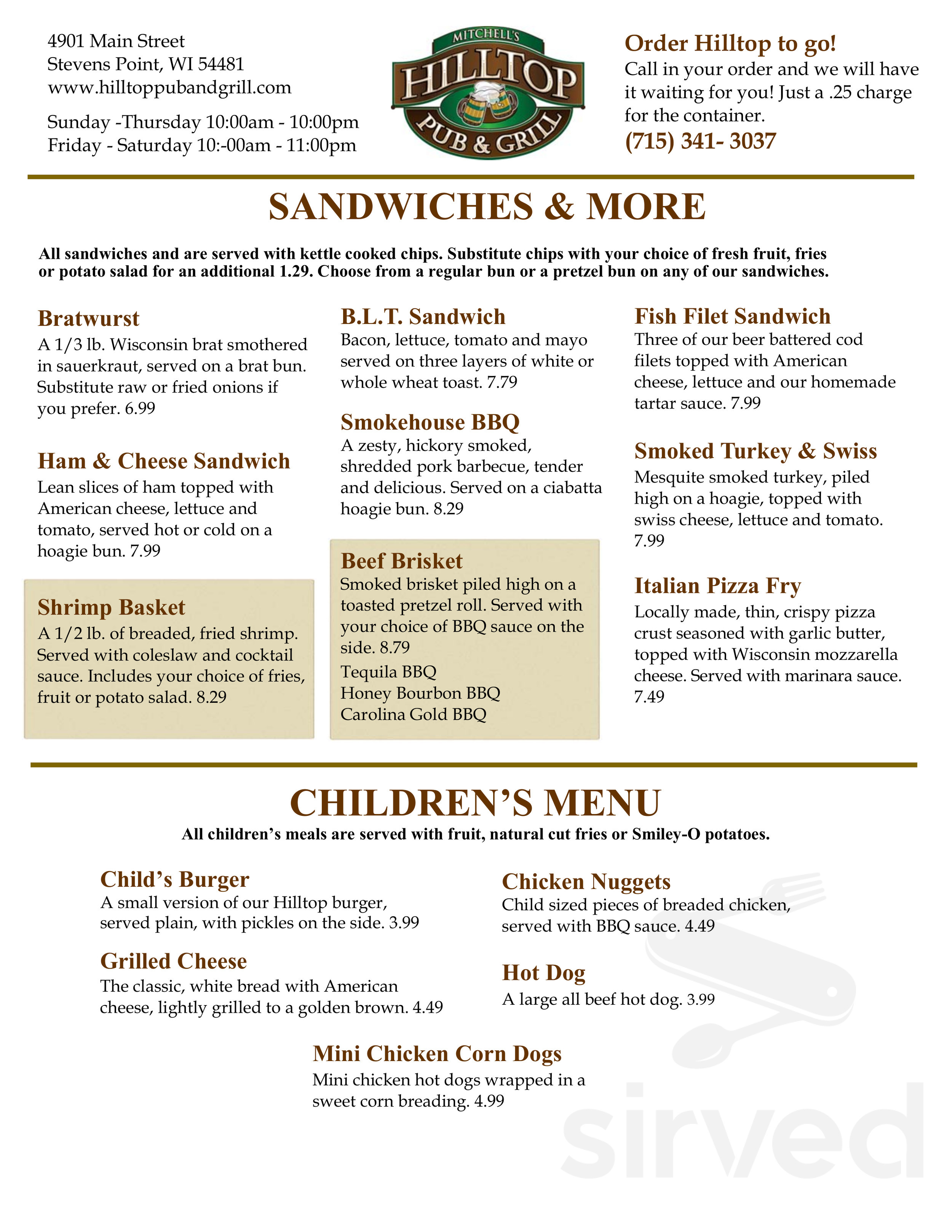 Menu - Stevens Point WI's Hilltop Pub & Grill | Sirved