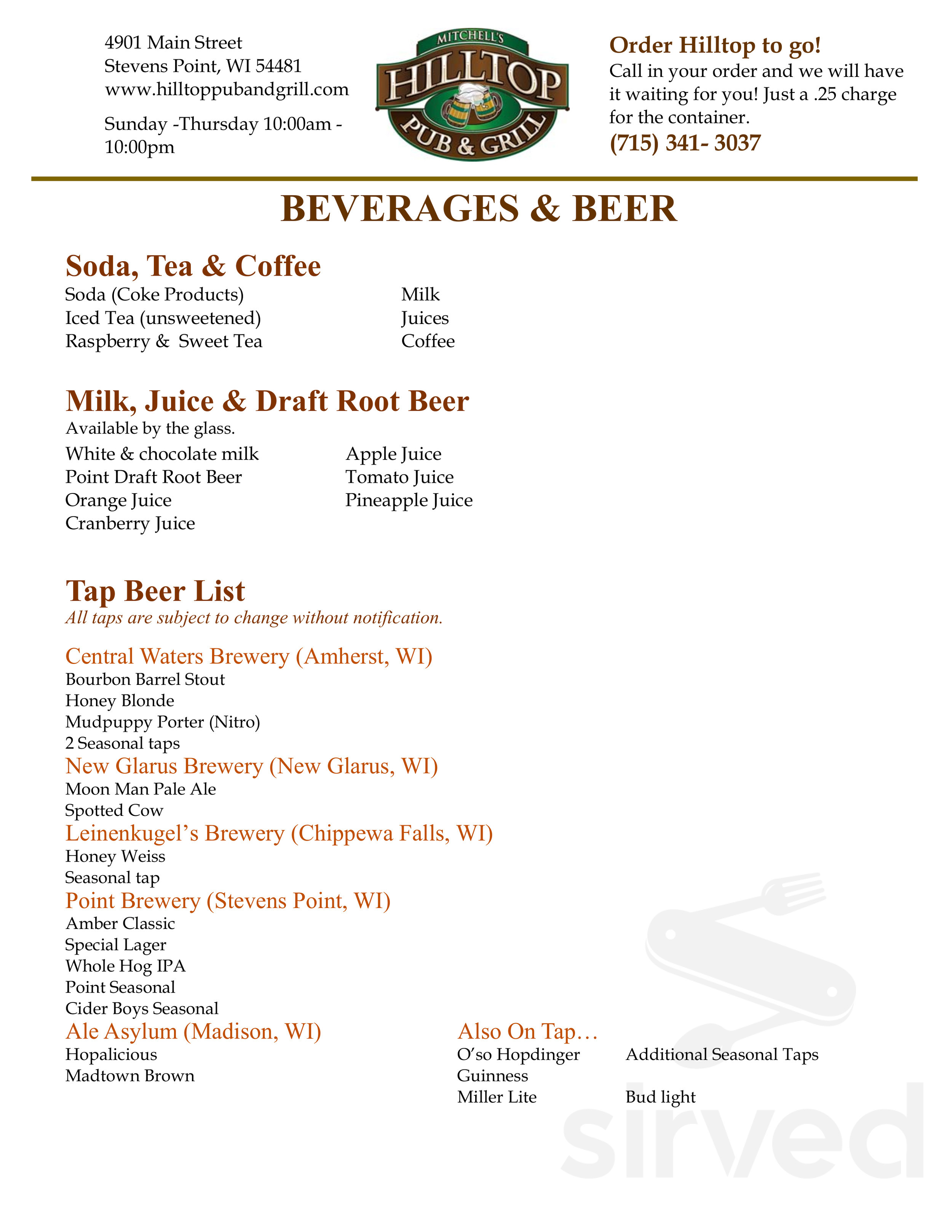 Hilltop Pub & Grill menu in Stevens Point, Wisconsin, USA