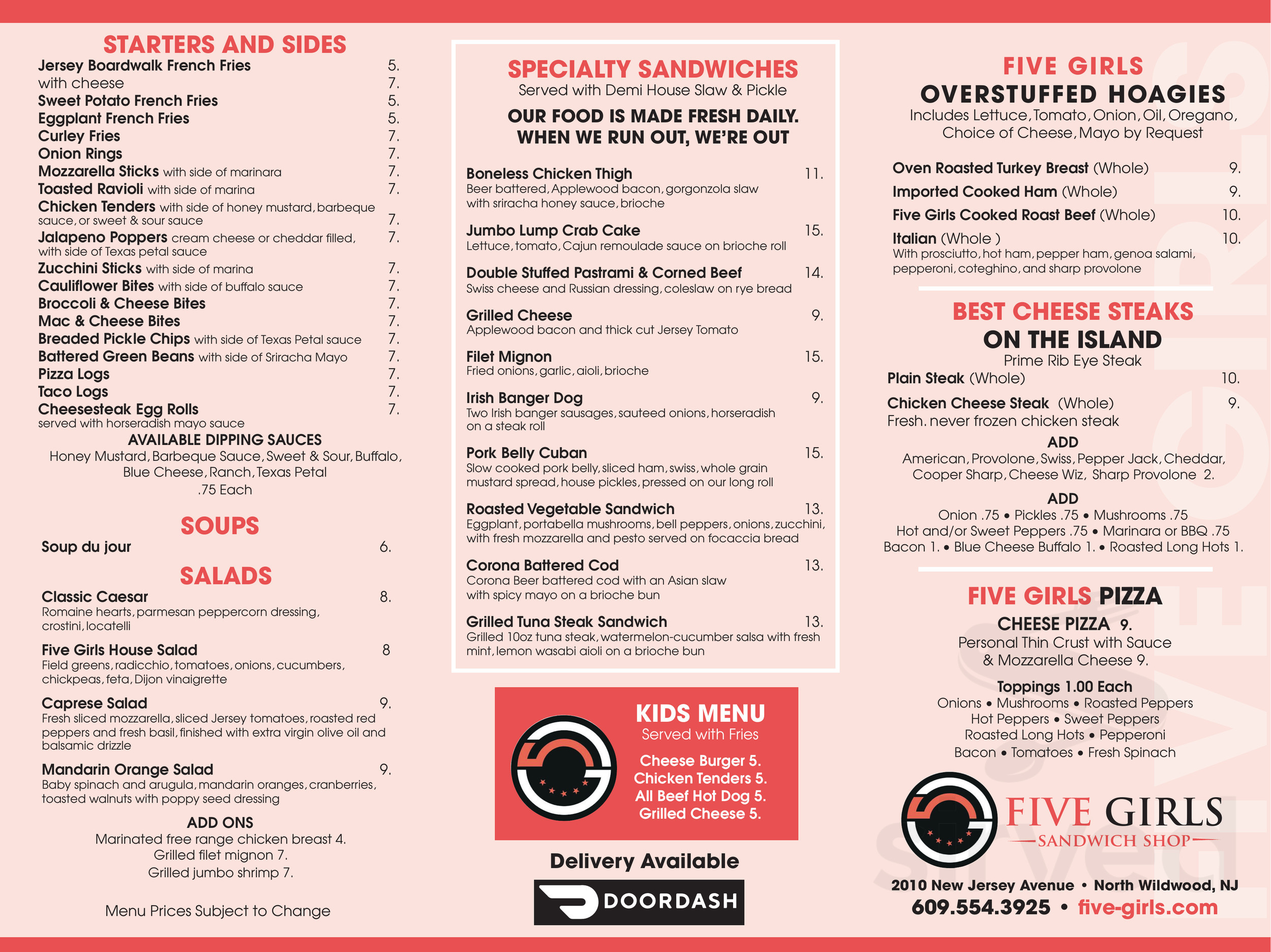 Five Girls Sandwich Shop menu in Wildwood, New Jersey, USA