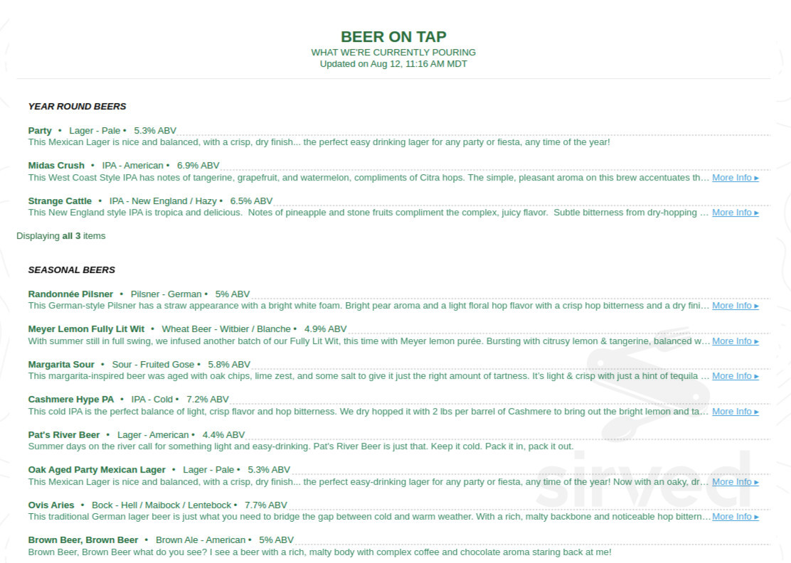 Menu - Bozeman MT's MAP Brewing Company | Sirved
