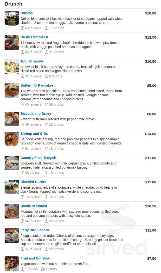 Ria's Bluebird menu in Atlanta, Georgia, USA
