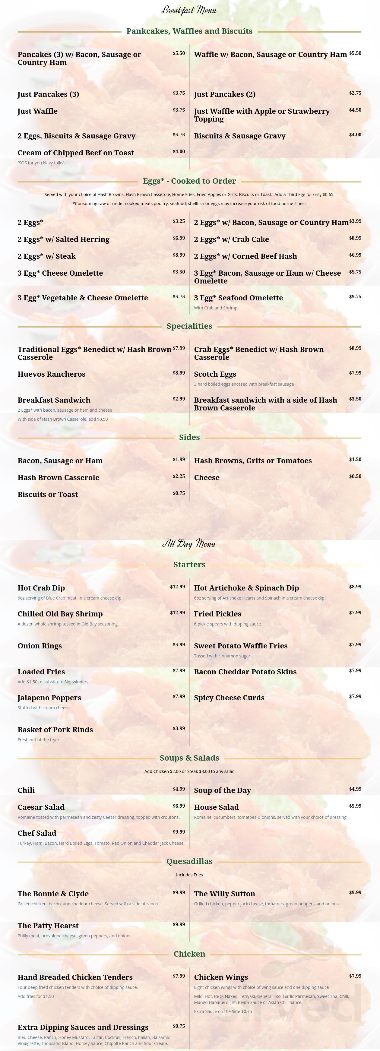 The Vault Restaurant menu in Sandston, Virginia, USA