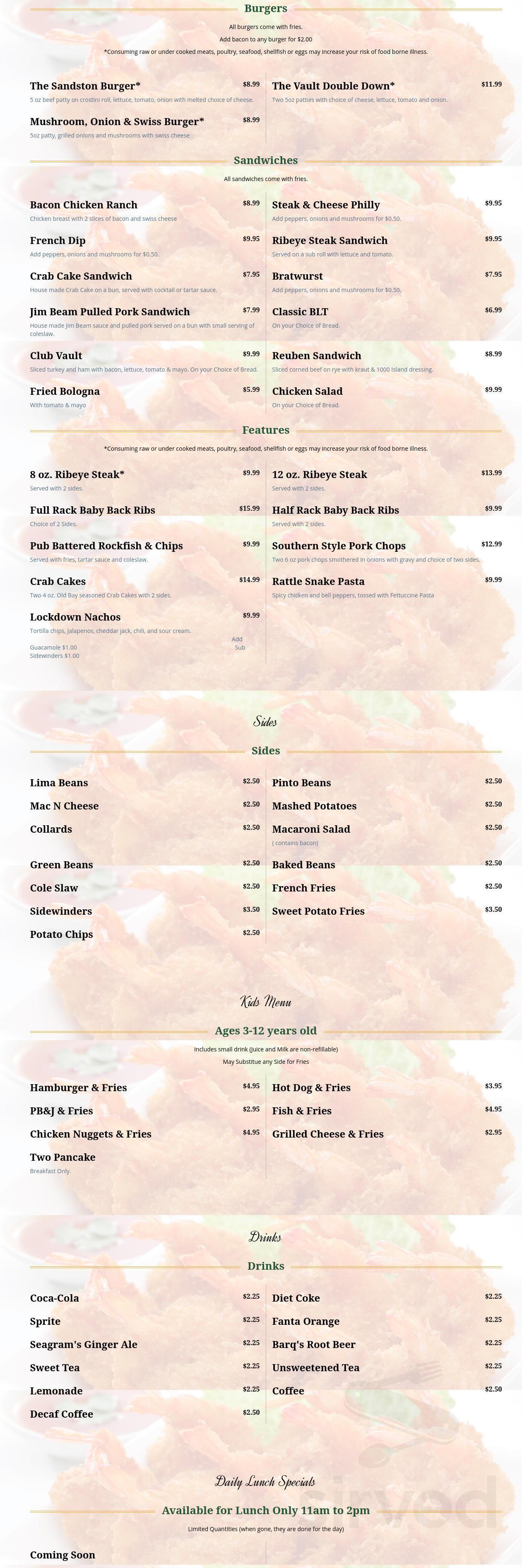 The Vault Restaurant menu in Sandston, Virginia, USA