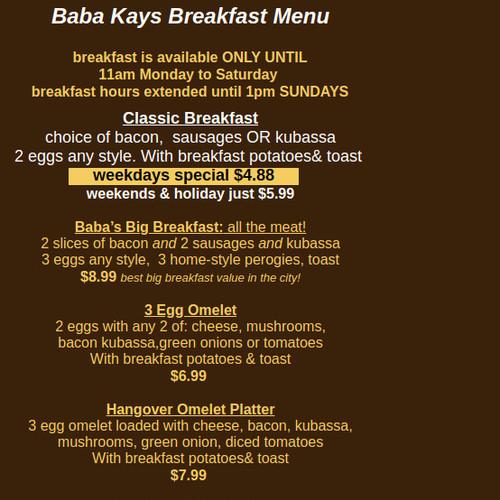 Baba Kays menu in Winnipeg, Manitoba, Canada