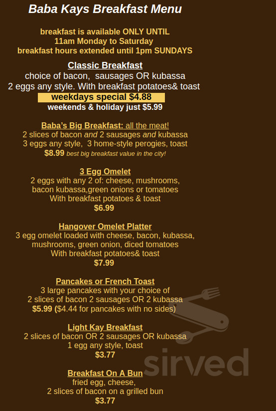 Menu for Baba Kays in Winnipeg, MB | Sirved