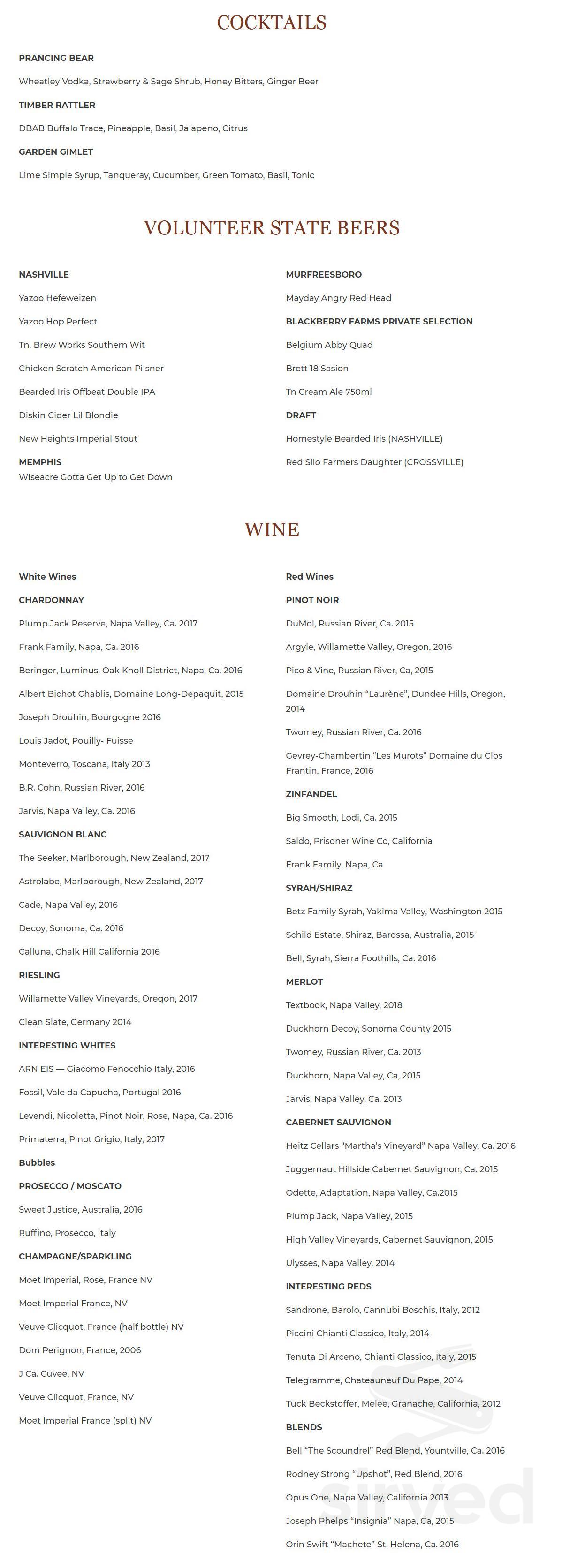 Menu - Townsend TN's Dancing Bear Appalachian Bistro | Sirved