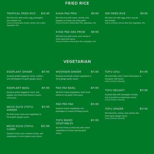 Siri Thai Cuisine menu in Athens, Georgia, USA
