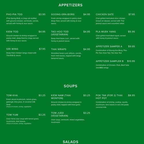 Siri Thai Cuisine menu in Athens, Georgia, USA
