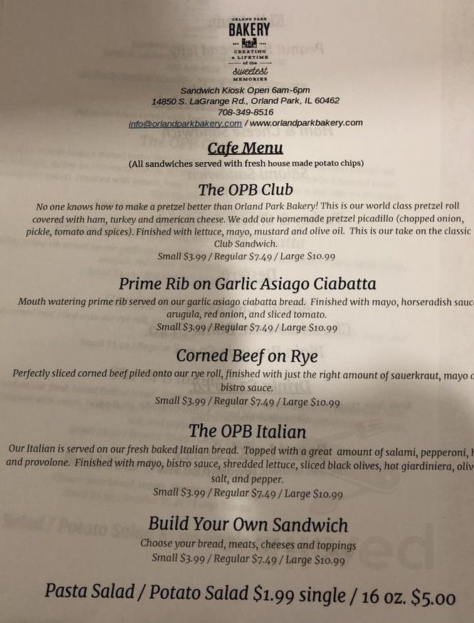 Menu for Orland Park Bakery in Orland Park, IL | Sirved