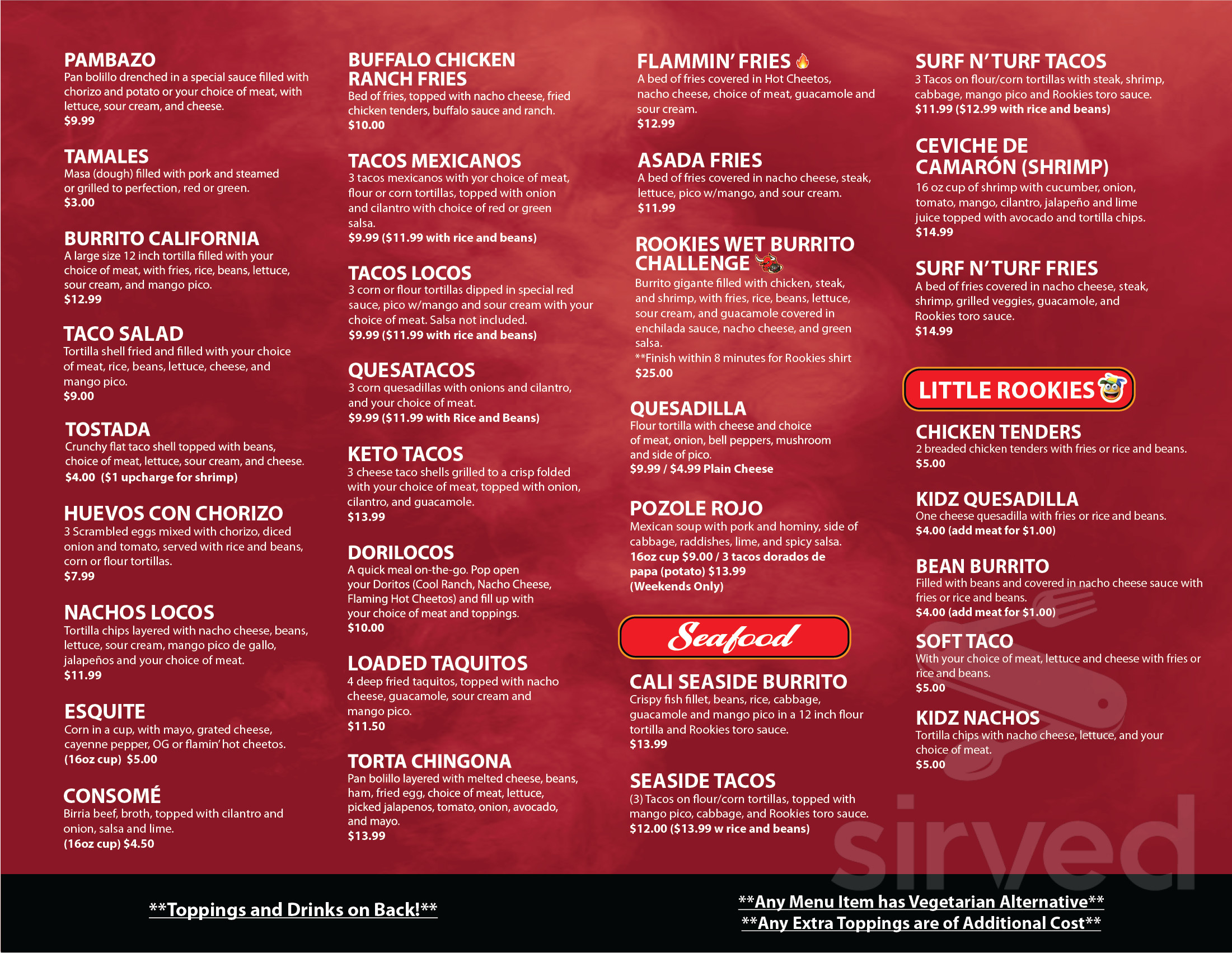 Menu - Fayetteville NC's Rookies | Sirved