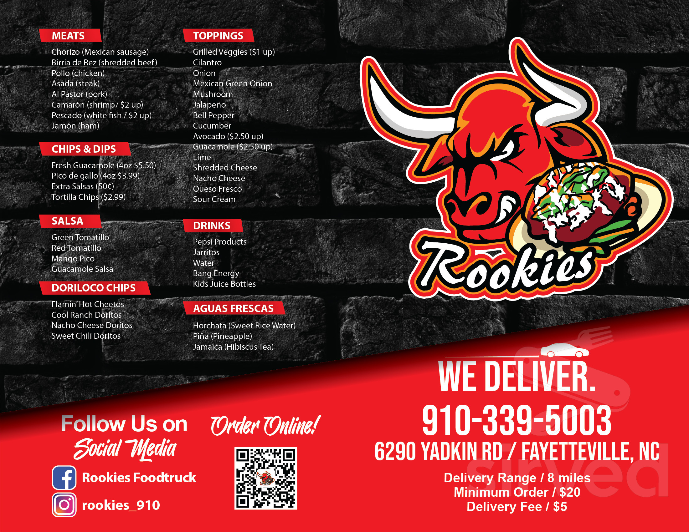 Rookies menu in Fayetteville, North Carolina, USA