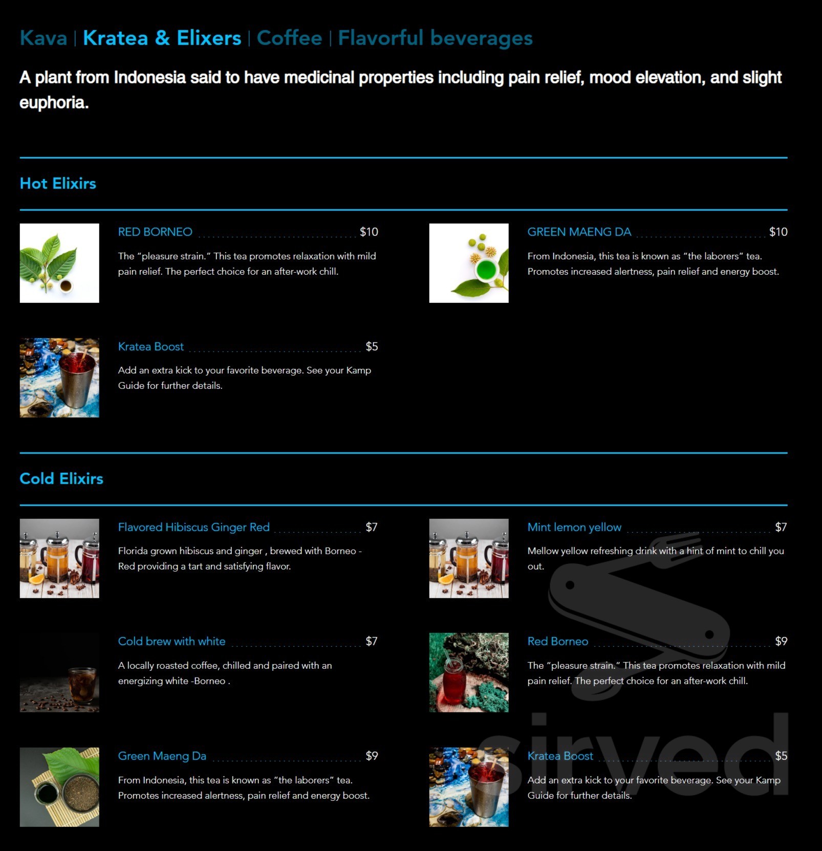 Kamp Kava menus in Davie, Florida, United States