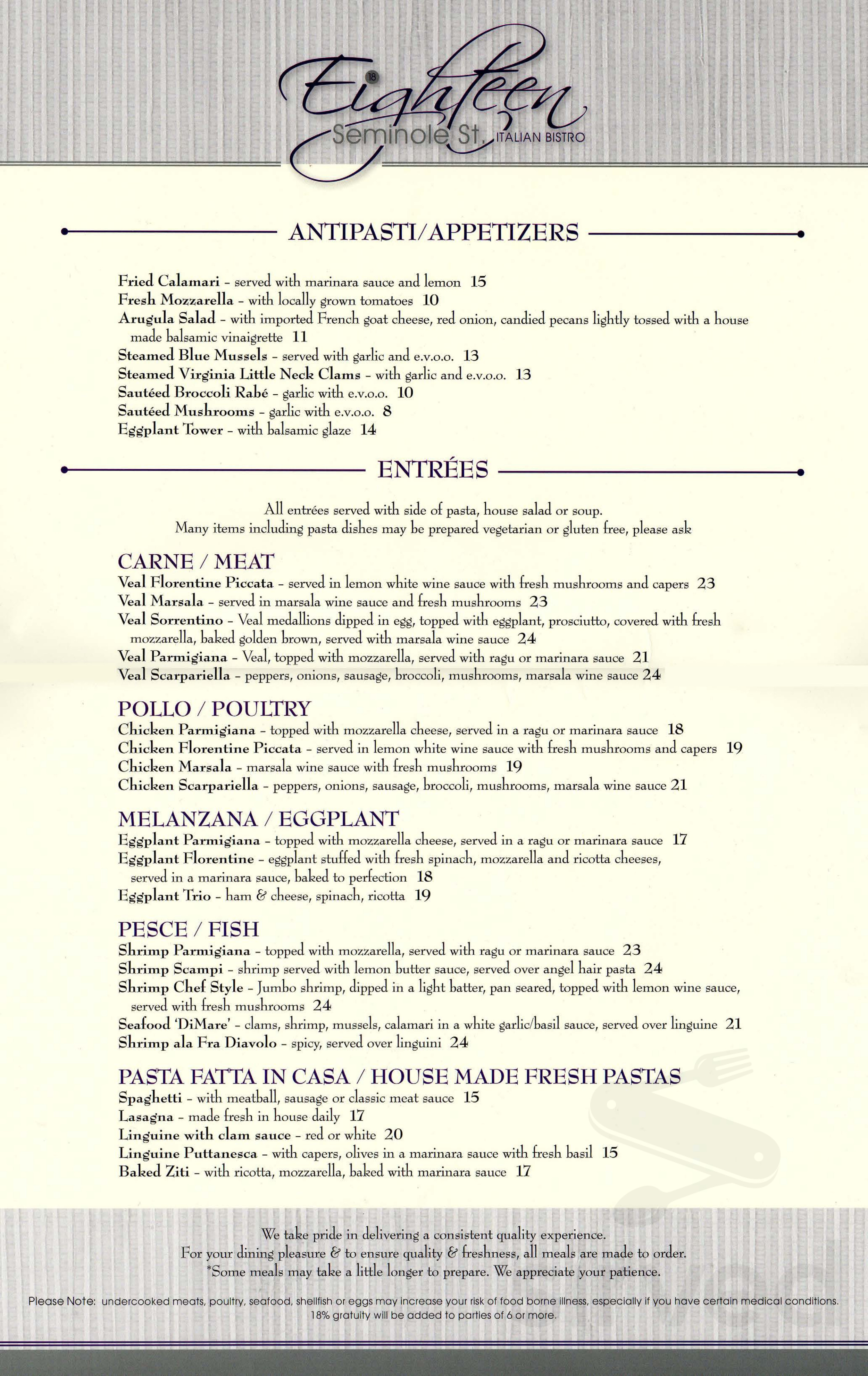 Menu for Eighteen Seminole Street in Stuart, FL | Sirved