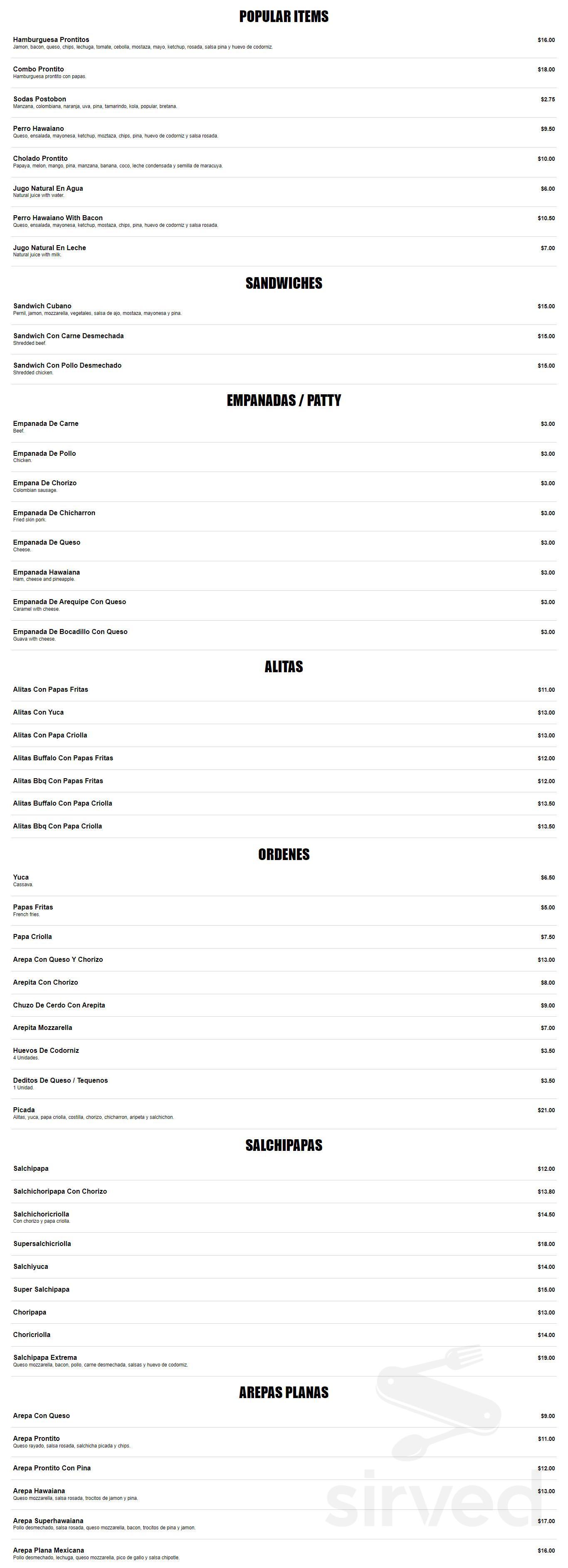 Prontito menu in Queens, New York, USA