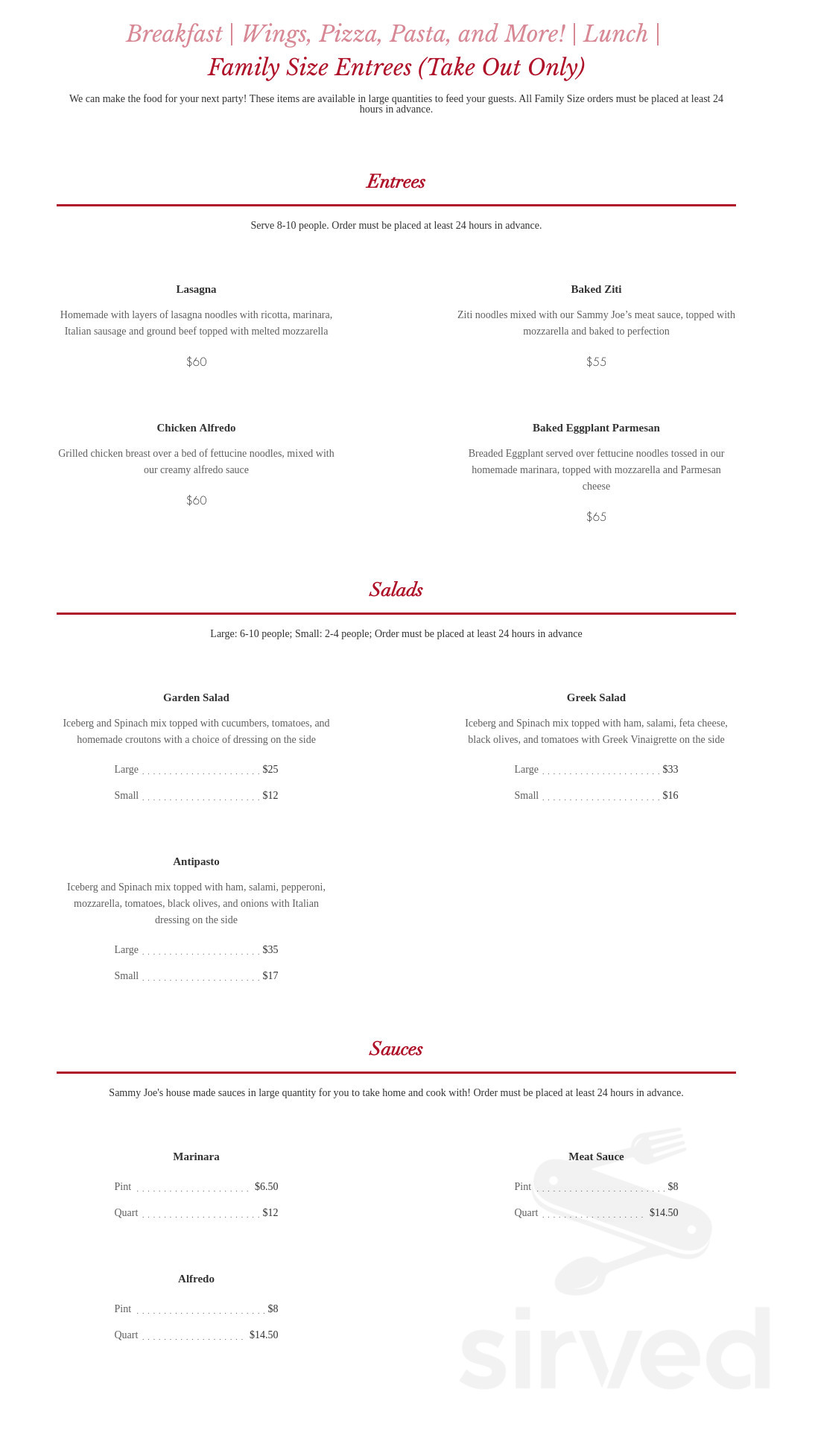 Sammy Joe's Pizzeria Cafe menu in The Villages, Florida, USA