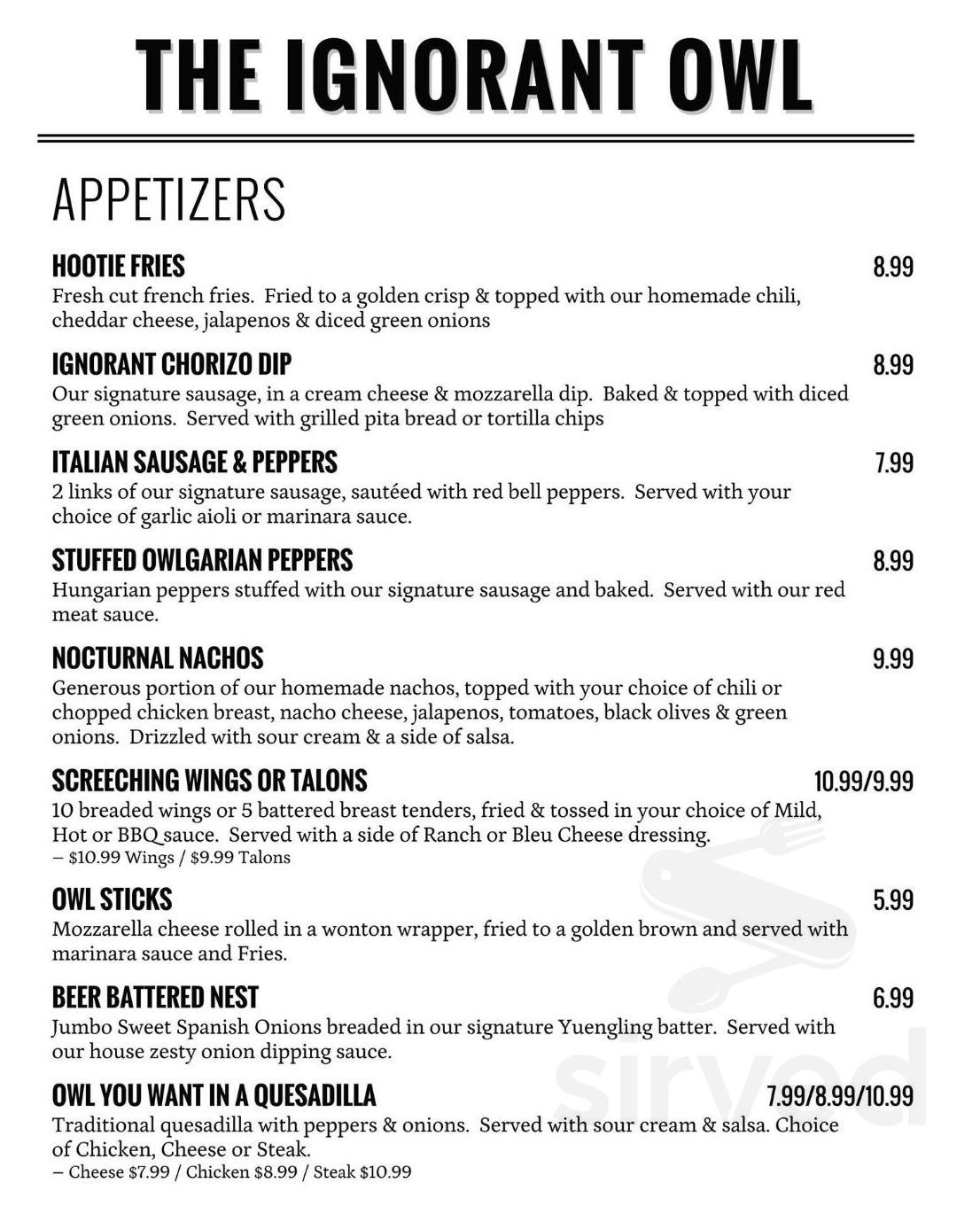 The Ignorant Owl Menu In Canton Ohio USA The Ignorant Owl Menu In Canton Ohio USA