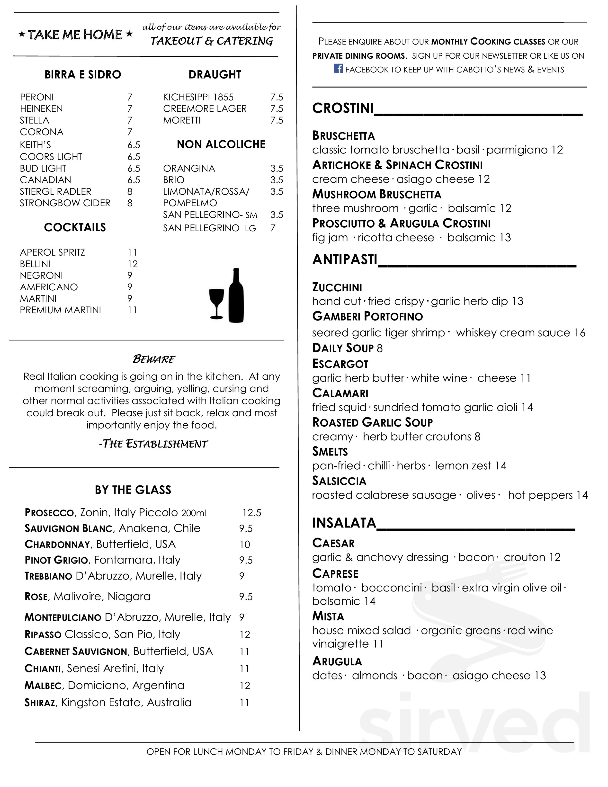 Cabotto's menus in Stittsville, Ontario, Canada