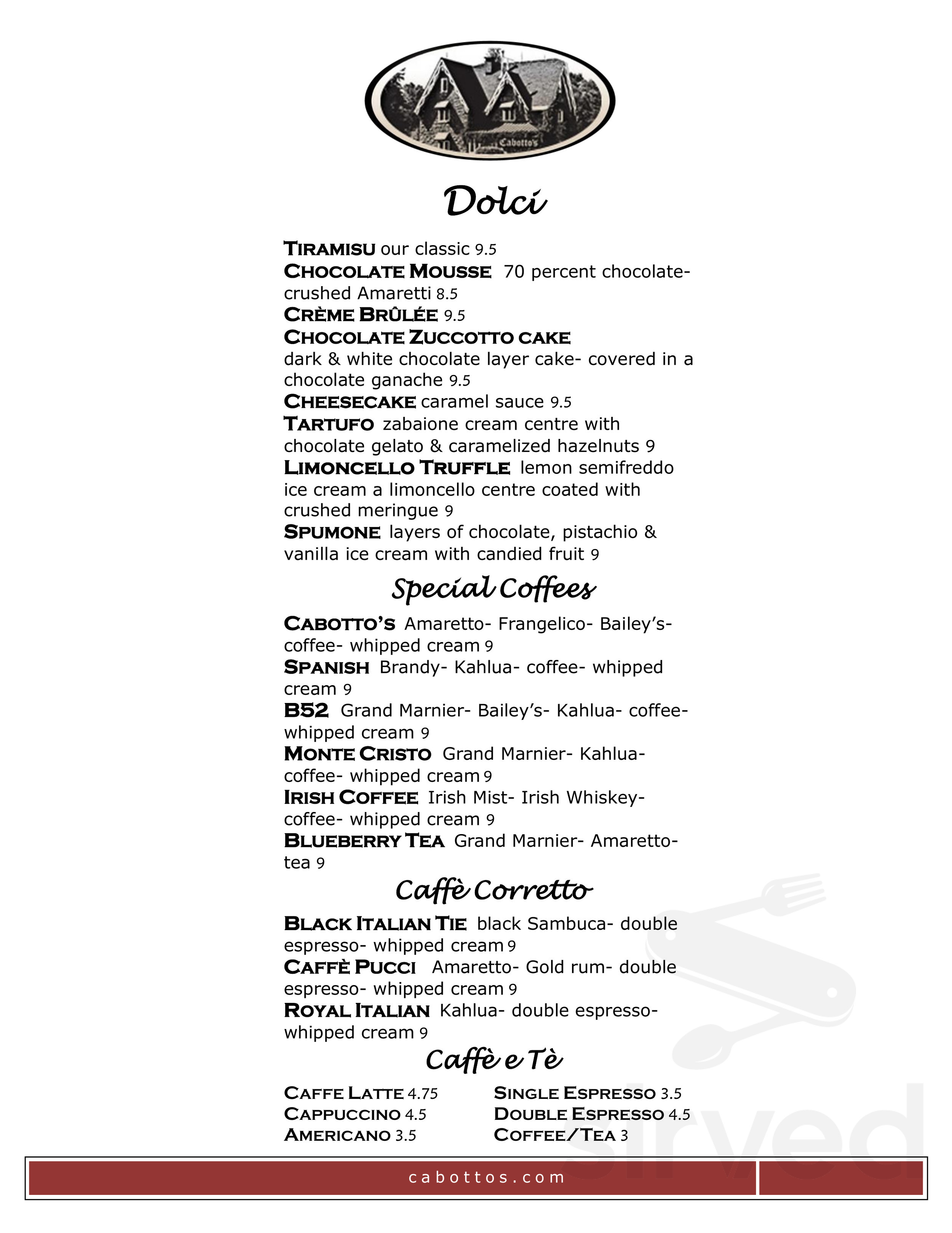 Menu for Cabotto's in Stittsville, ON | Sirved