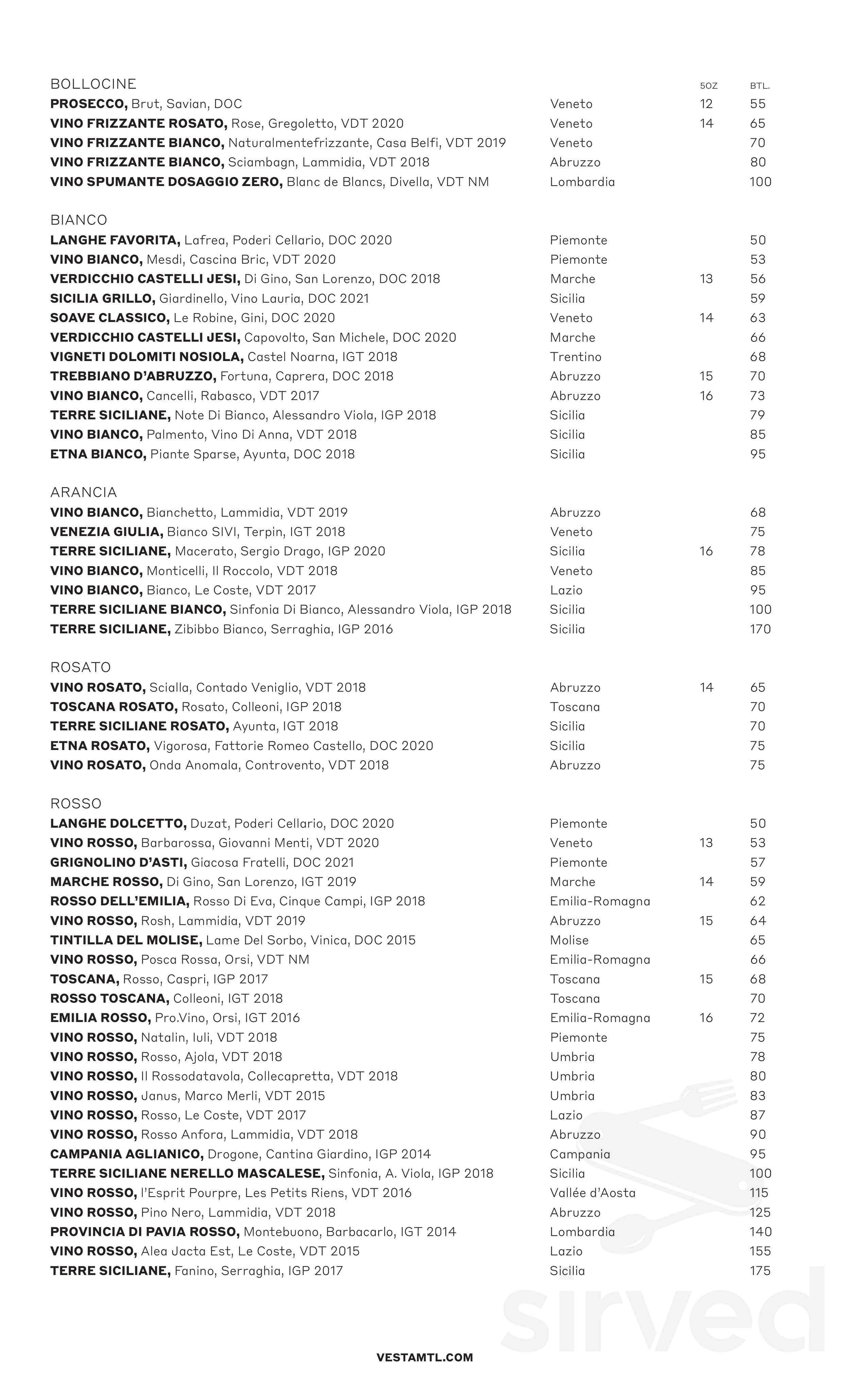 Restaurant Vesta menu in Montréal, Quebec, Canada