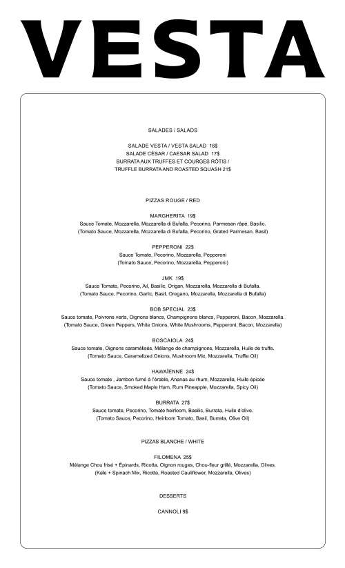 Restaurant Vesta menu in Montréal, Quebec, Canada