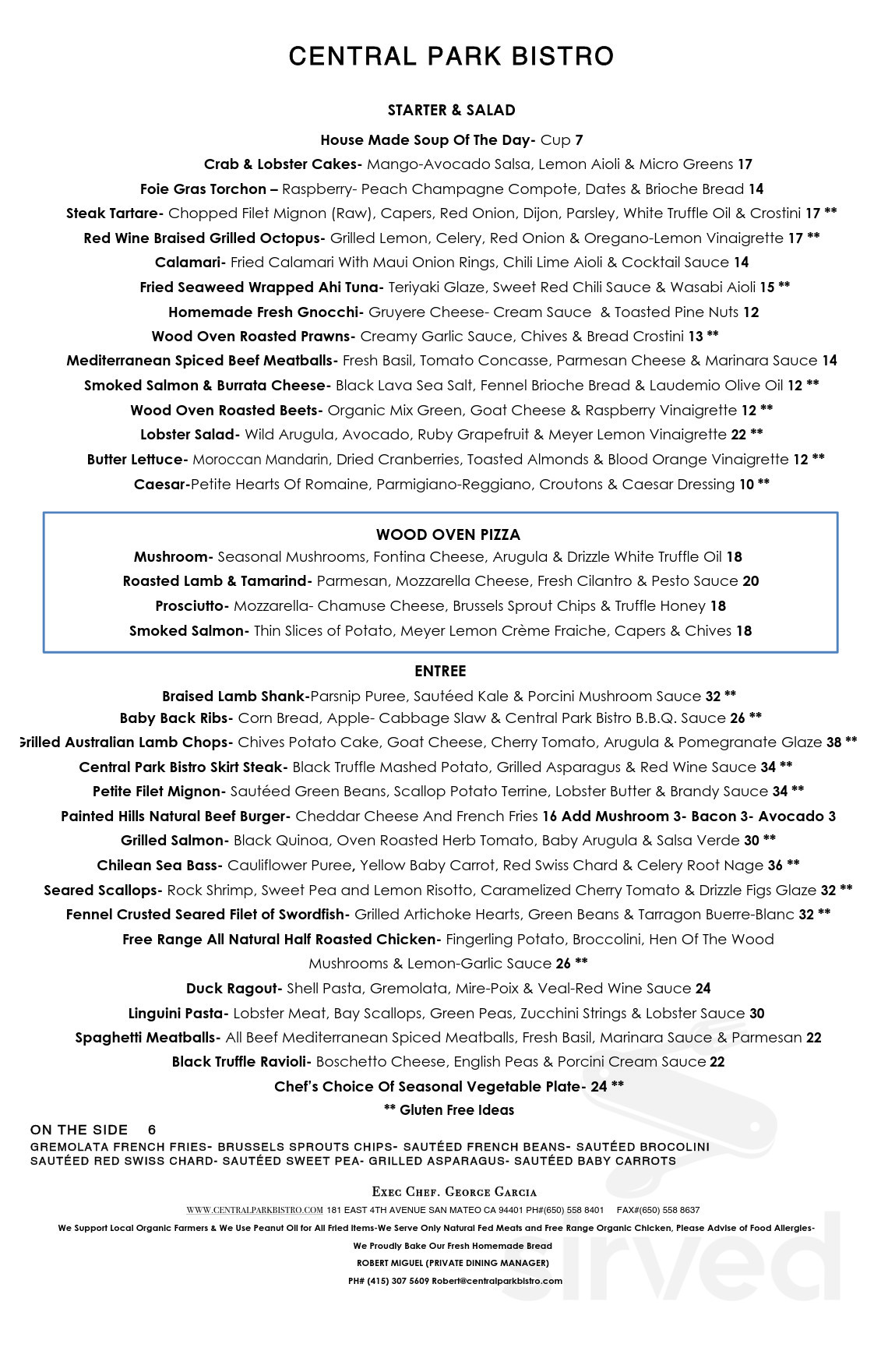 Central Park Bistro menu in San Mateo, California, USA