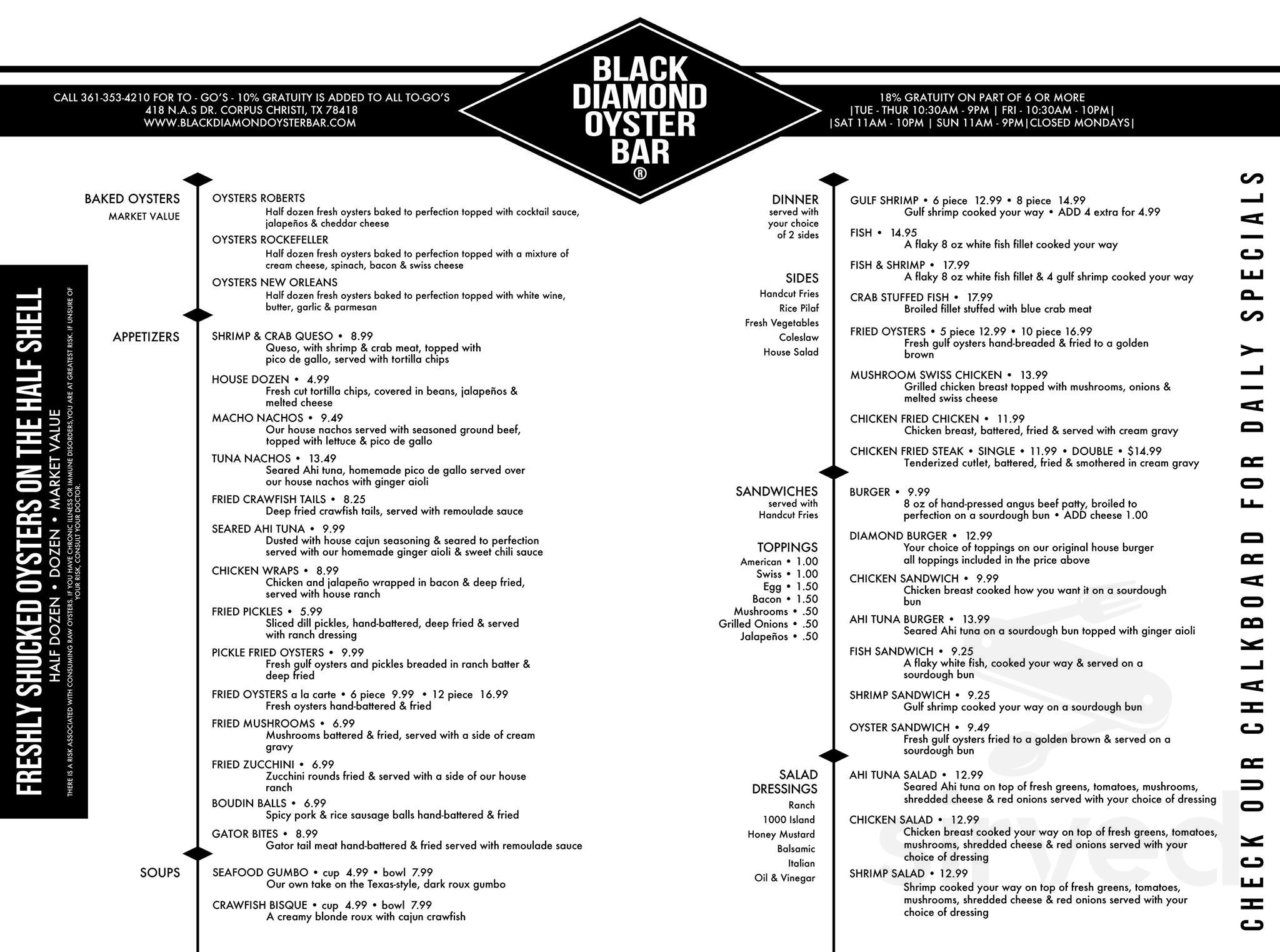 Menu for Black Diamond Oyster Bar in Corpus Christi, TX | Sirved