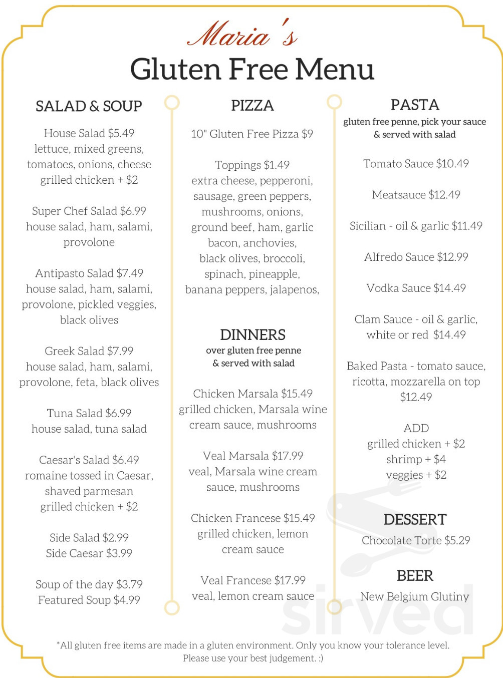 Menu - Staunton VA's Maria's Pizza & Italian Restaurant | Sirved