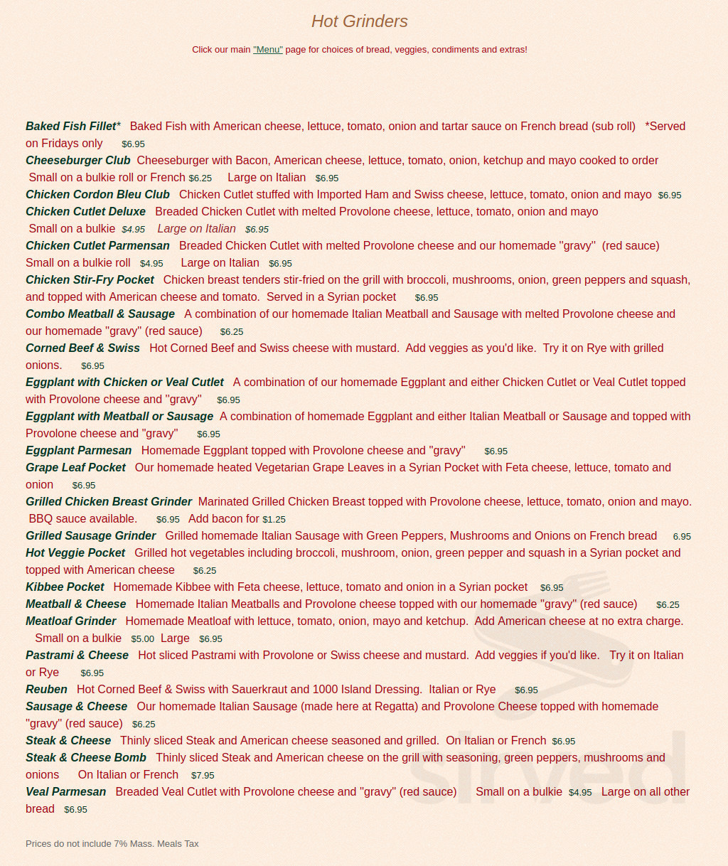 Regatta Deli menus in Worcester, Massachusetts, United States