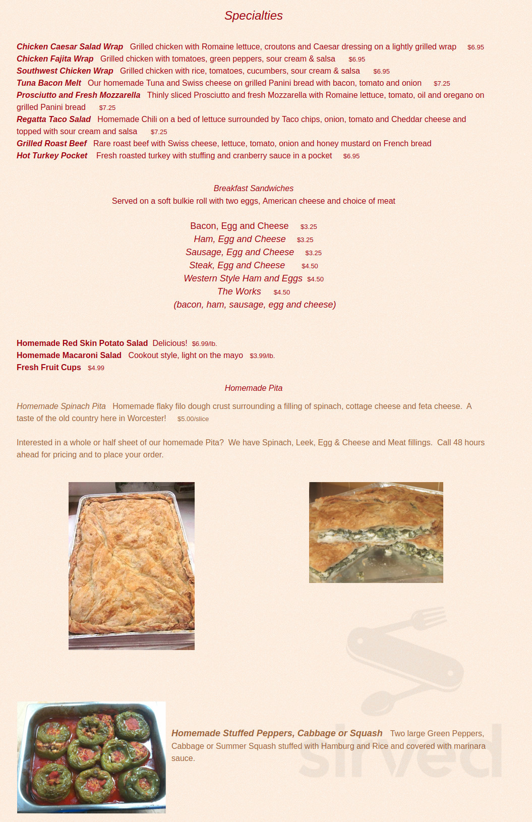 Regatta Deli menu in Worcester, Massachusetts, USA