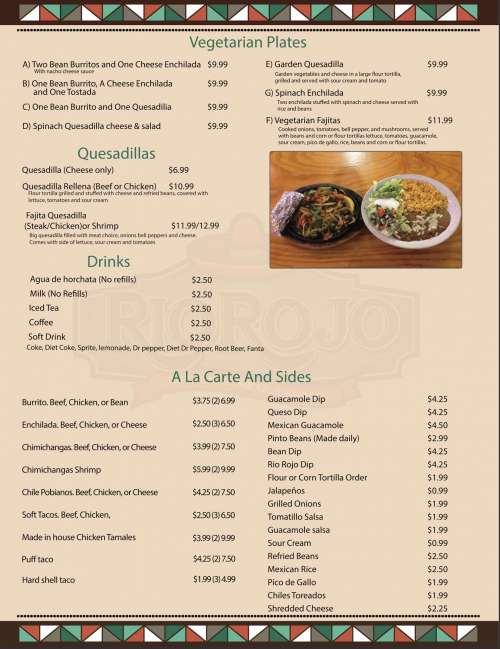 Rio Rojo Authentic Mexican Food menu in Alexandria, Louisiana, USA