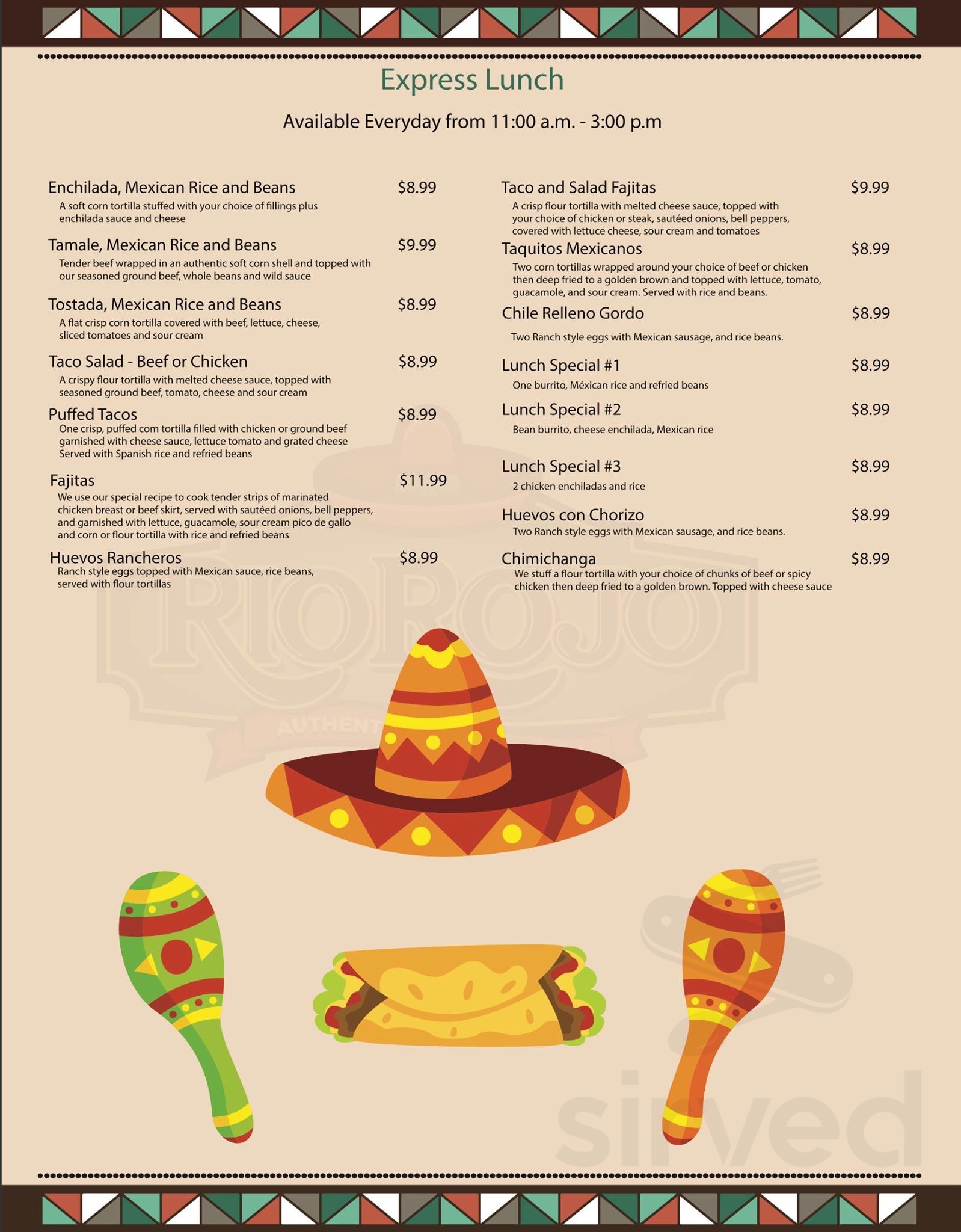 Rio Rojo Authentic Mexican Food menu in Alexandria, Louisiana, USA