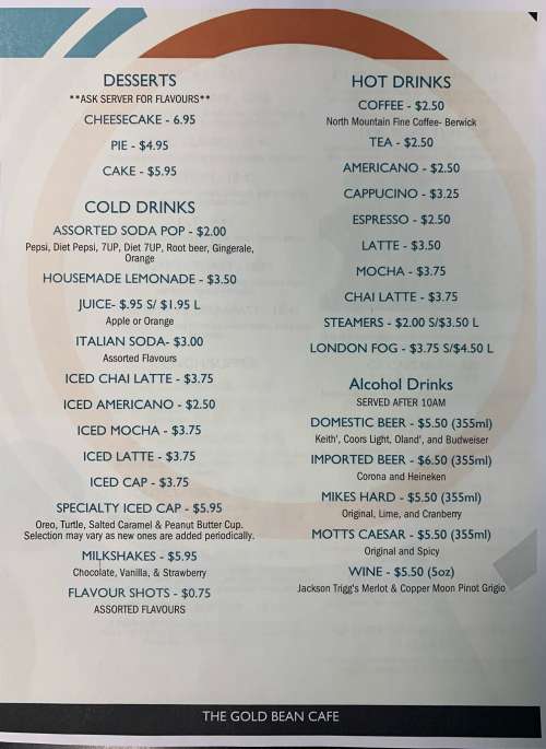The Gold Bean Cafe menu in Chester Basin, Nova Scotia, Canada