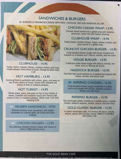 The Gold Bean Cafe menu in Chester Basin, Nova Scotia, Canada