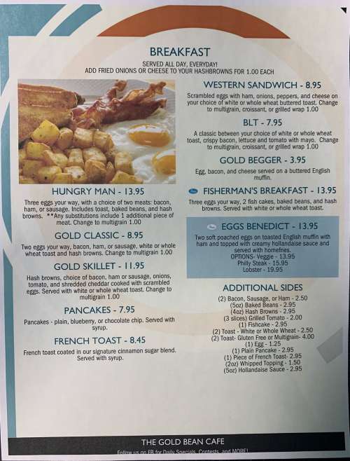 The Gold Bean Cafe menu in Chester Basin, Nova Scotia, Canada