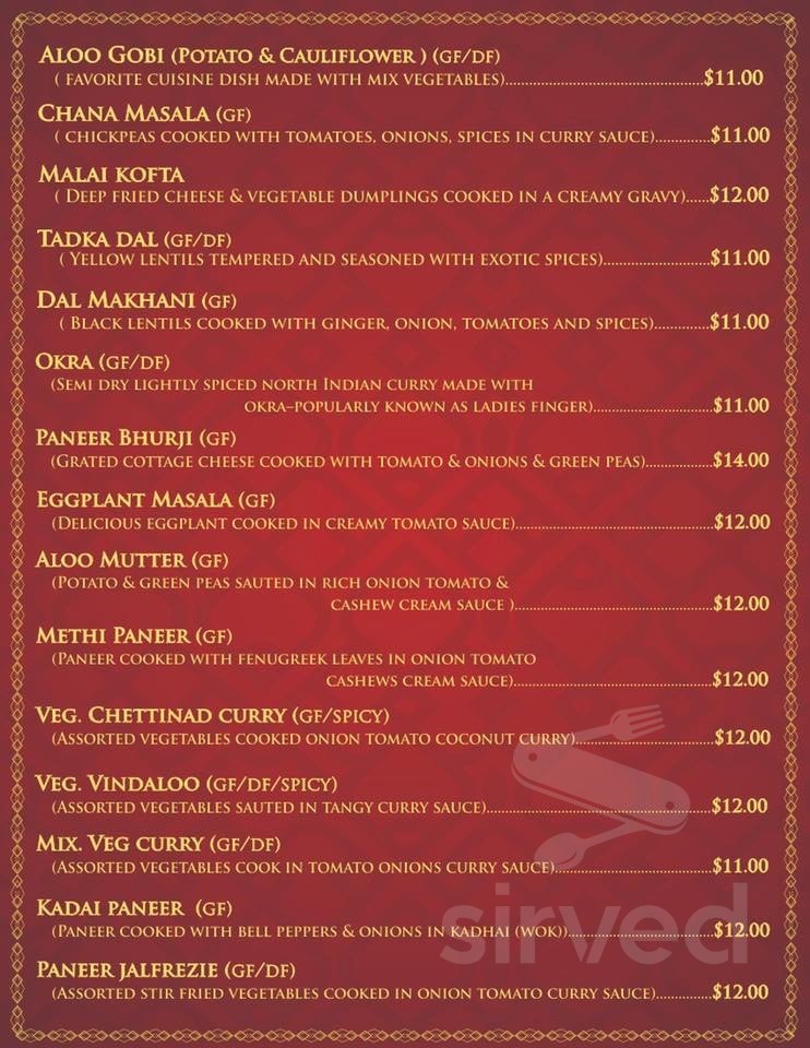 Taj Aiken Indian Cuisine menu in Aiken, South Carolina, USA