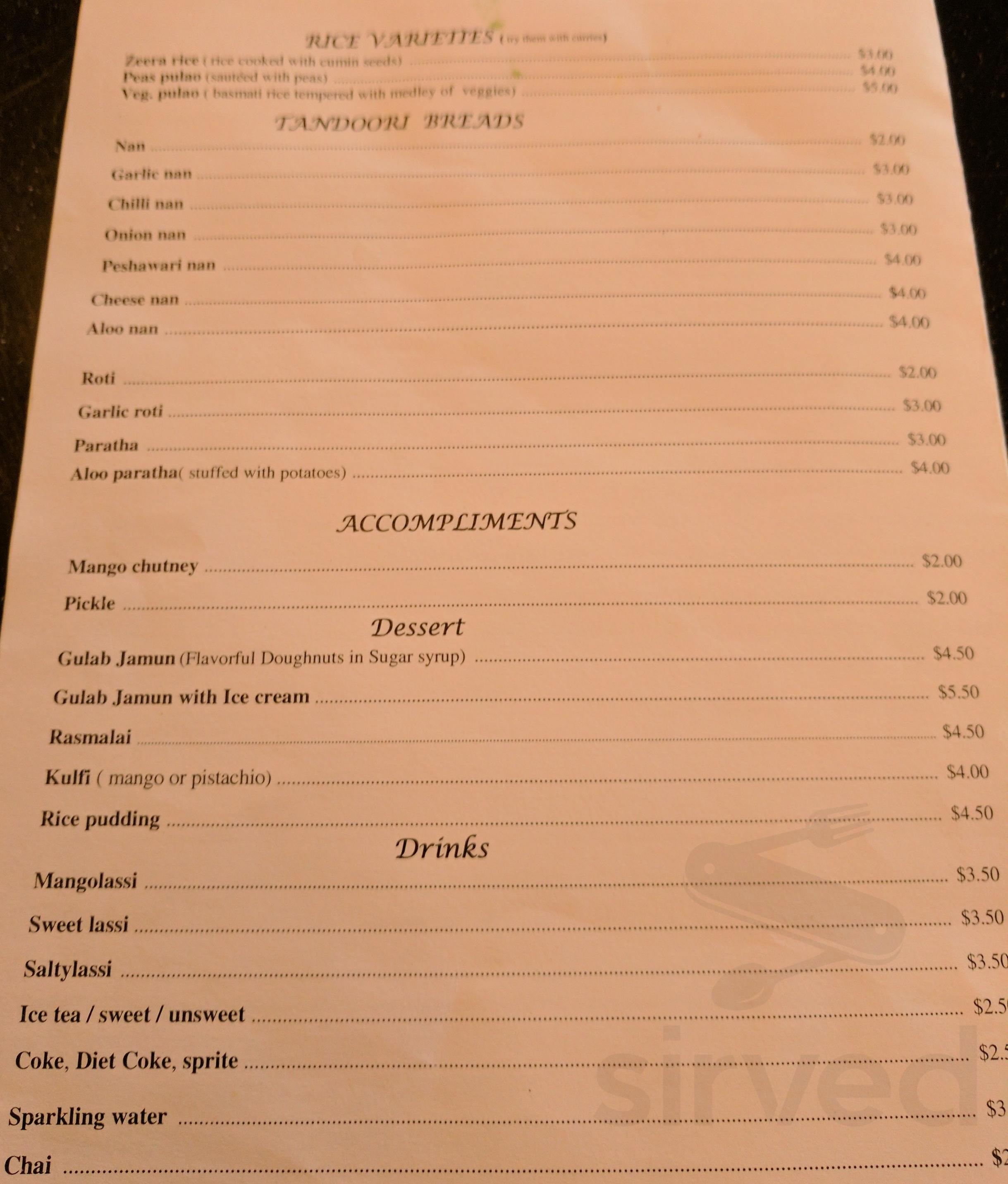 Taj Aiken Indian Cuisine menu in Aiken, South Carolina, USA