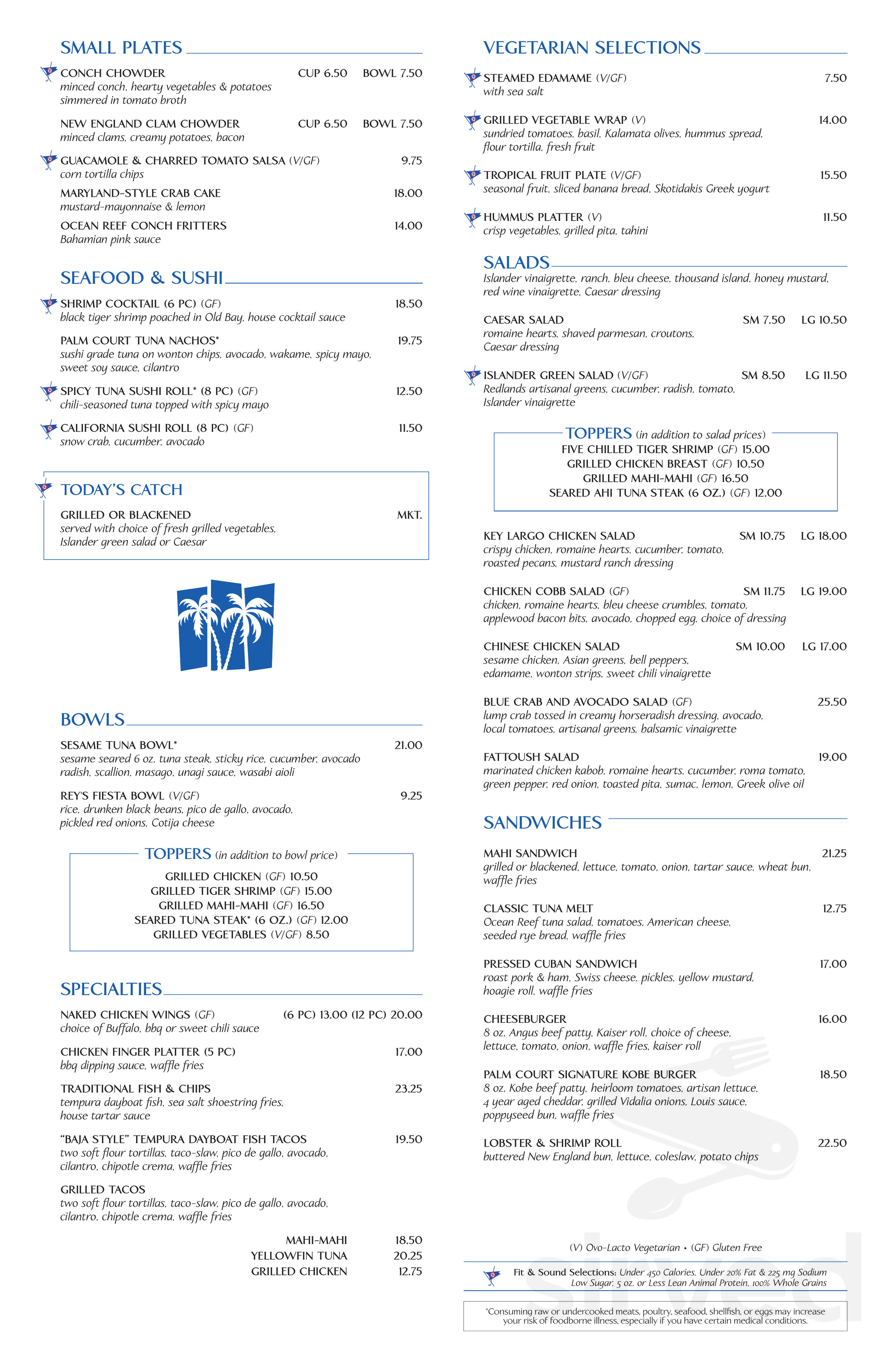 Palm Court menu in Key Largo, Florida, USA