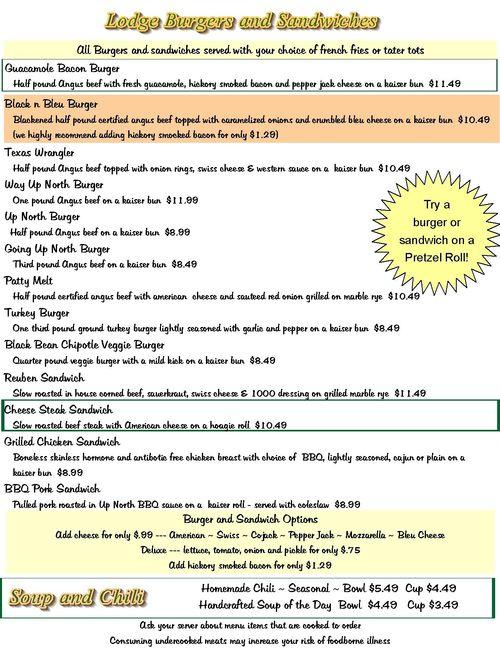 The Up North Lodge menu in Gwinn, Michigan, USA