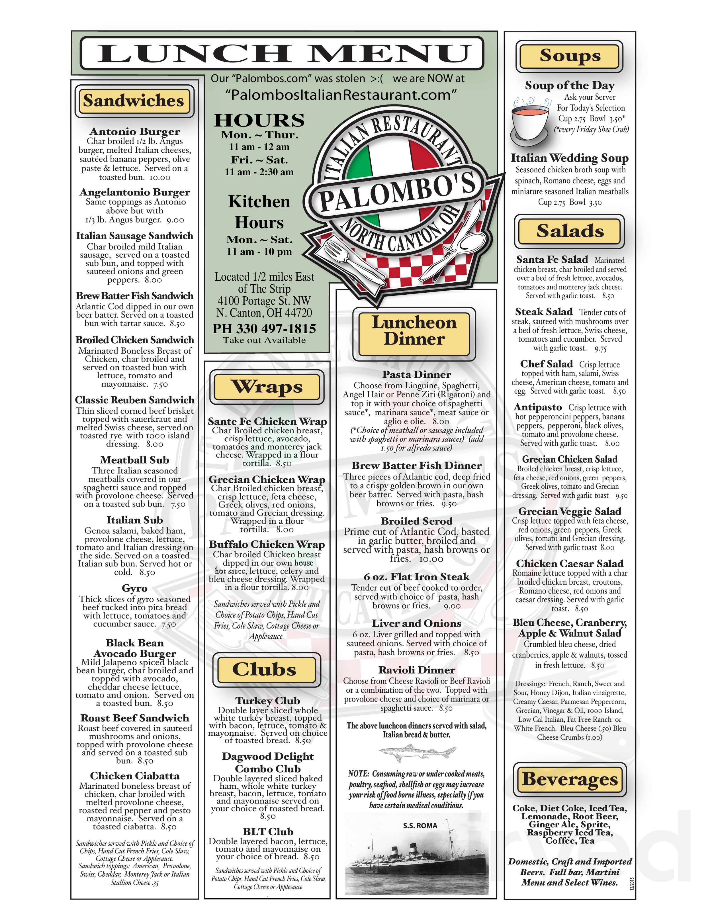 Palombo's Italian Restaurant menu in North Canton, Ohio, USA