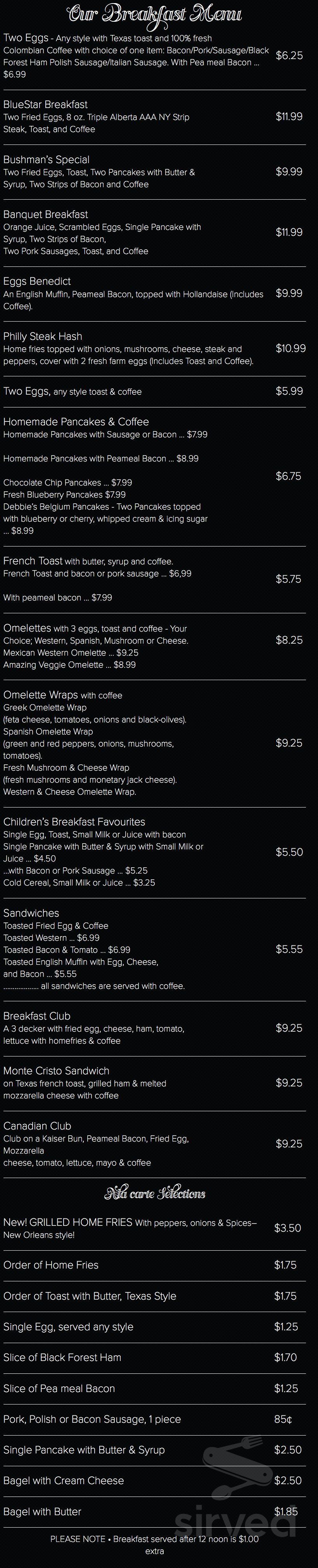 Blue Star Restaurant menu in Welland, Ontario, Canada