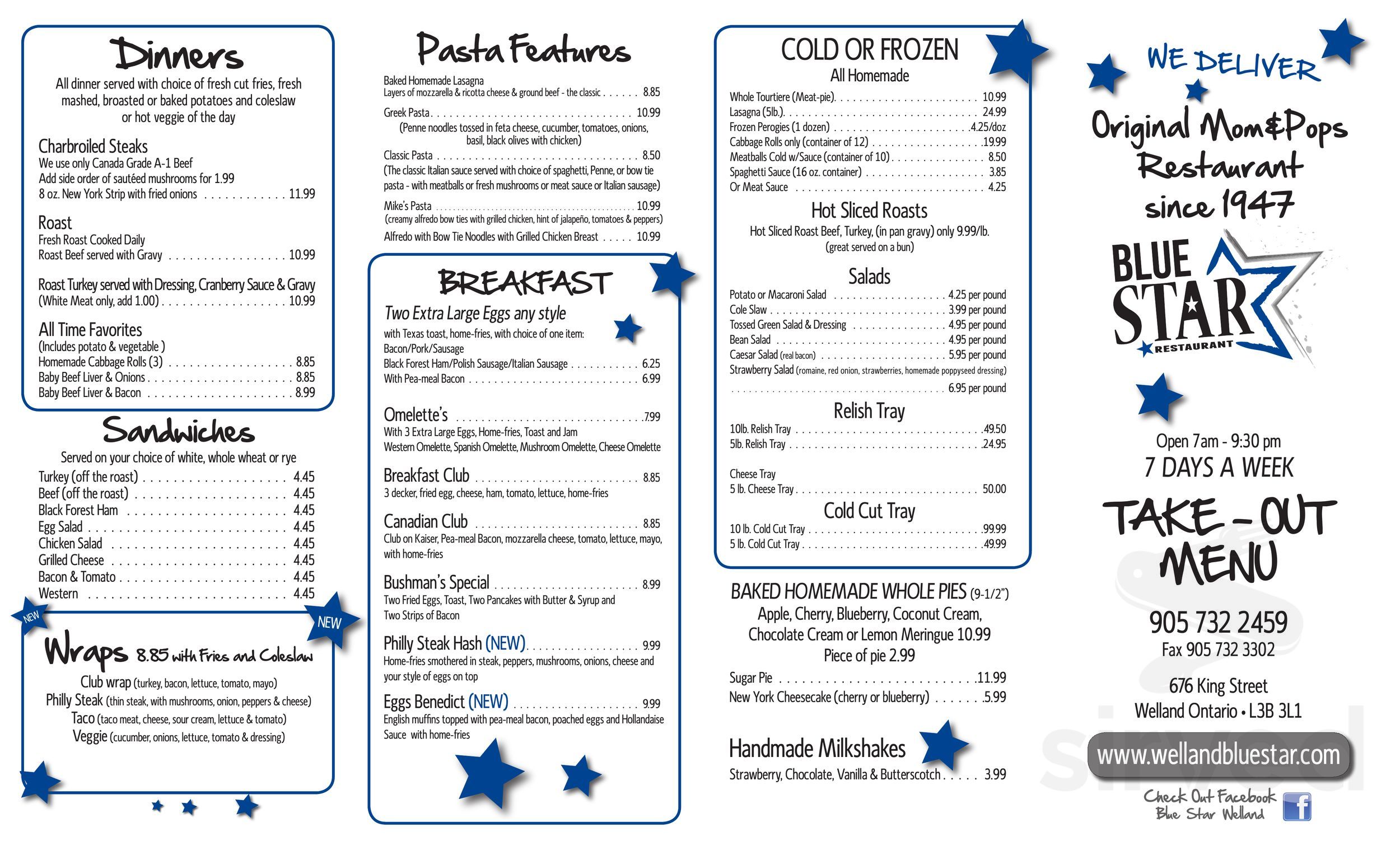 Blue Star Restaurant menu in Welland, Ontario, Canada
