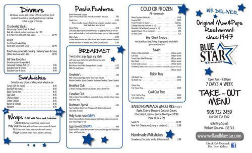 Blue Star Restaurant menu in Welland, Ontario, Canada